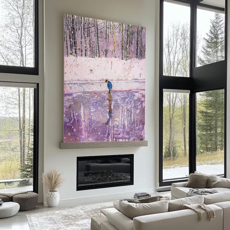 Peter Doig Style Canvas Art – Dreamlike Snowy Forest Landscape, Large ...