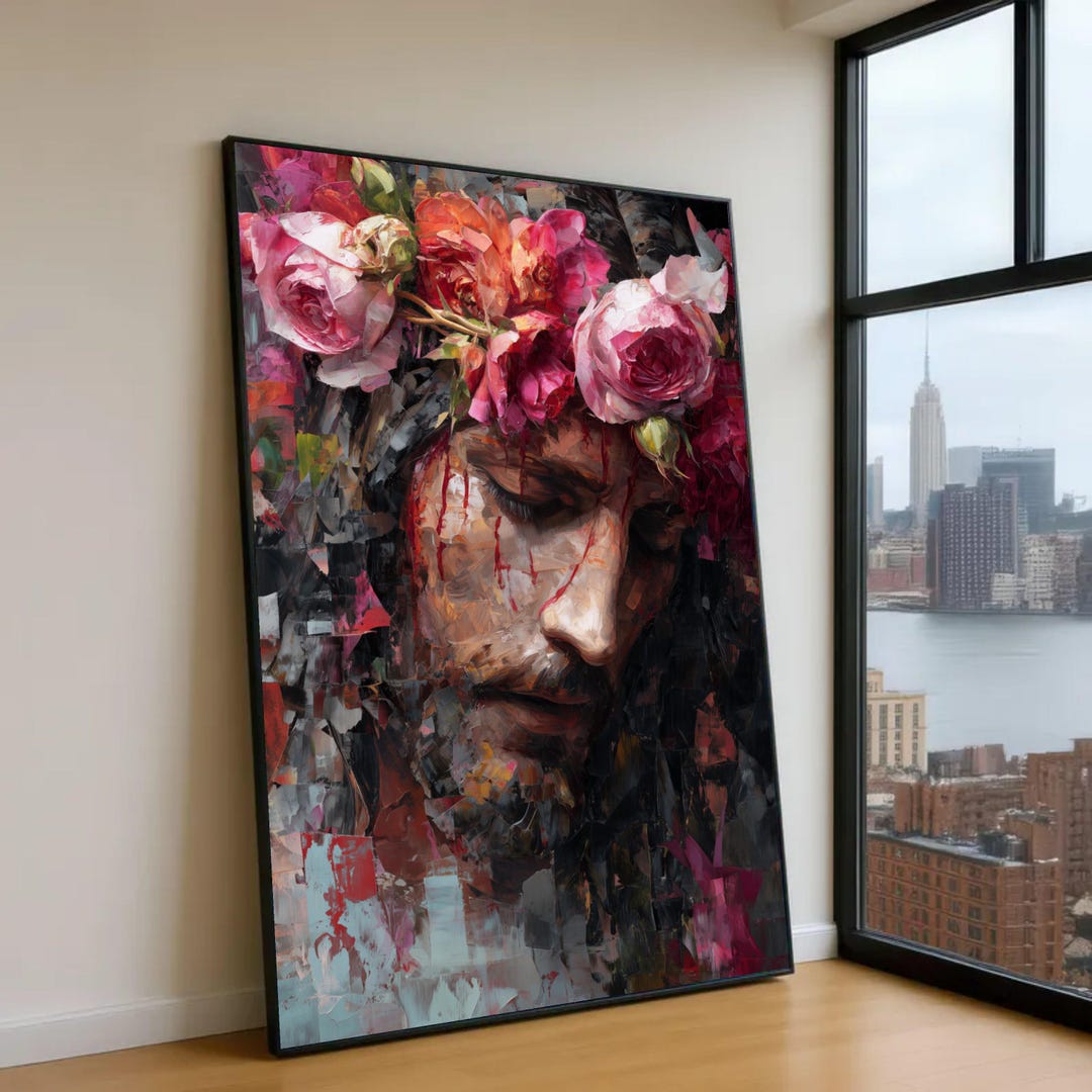 Man With Rose Crown Canvas Art, Emotional Oil Printing Style Portrait ...