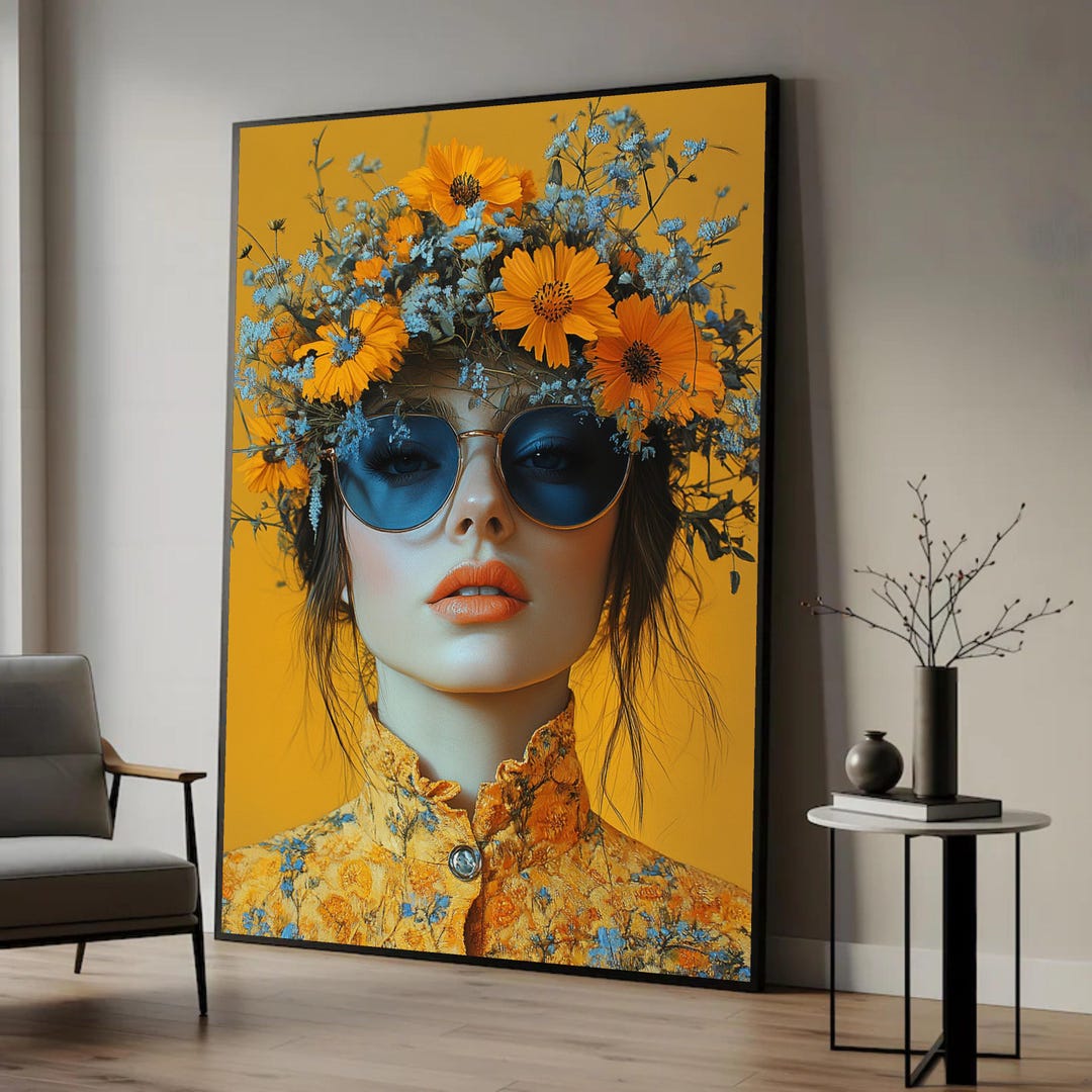 Boho Chic Woman Canvas Print: Floral Crown, Sunglasses Wall Art, Large ...
