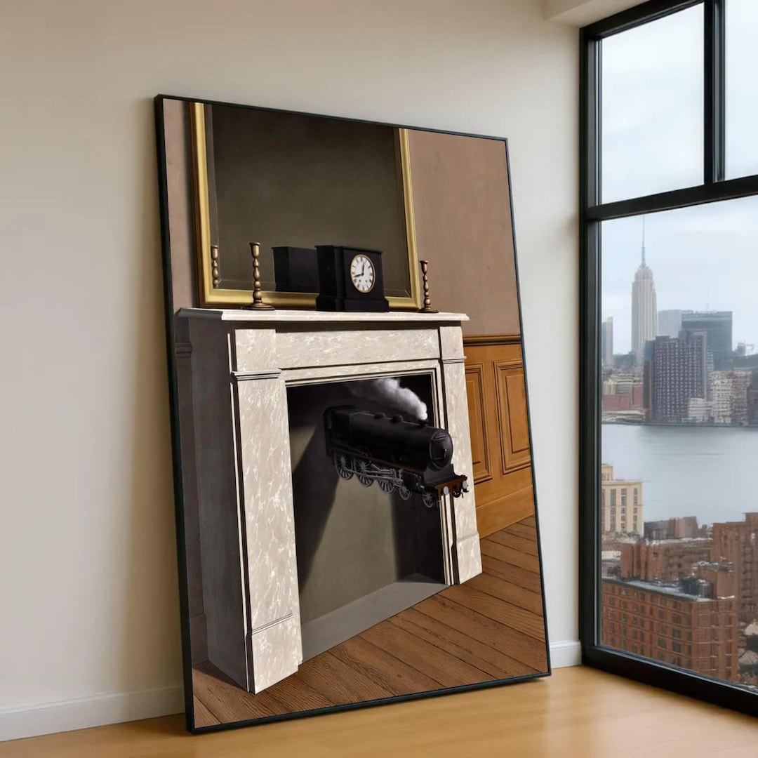 René Magritte Inspired, Surreal Train Emerging Fireplace Canvas, Time ...