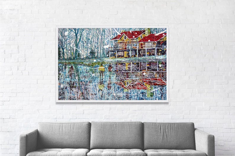 Peter Doig Style Canvas Art – Snowy Cabin Rustic Landscape, Large ...