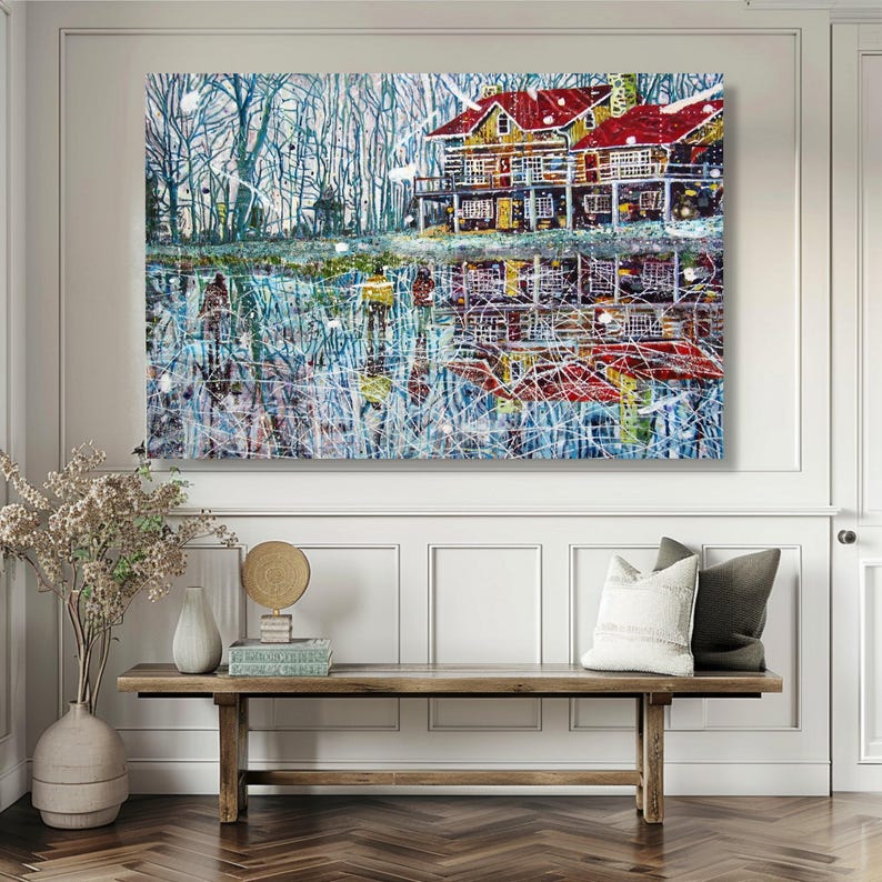 Peter Doig Style Canvas Art – Snowy Cabin Rustic Landscape, Large ...