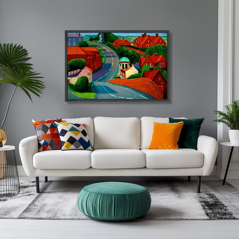 David Hockney Inspired Village Scene, Colorful Landscape Canvas ...
