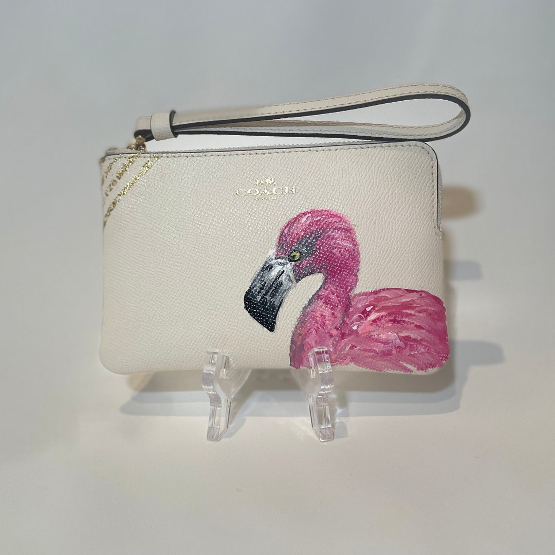 Hand-painted Coach flamingo Corner Zip Wristlet - Etsy