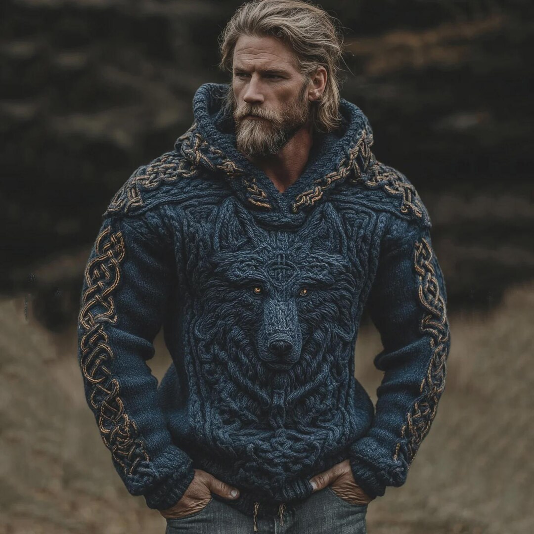 Suéter con capucha de punto jacquard con nudo celta de lobo vikingo ...