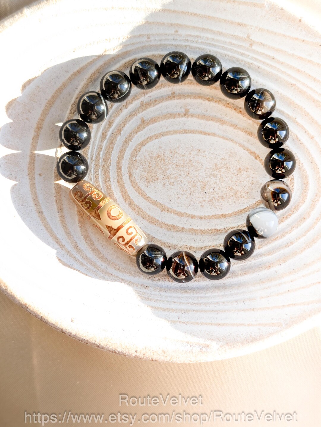 Men's Black Striped Agate Dzi Bead Bracelet | Tibetan Protection ...