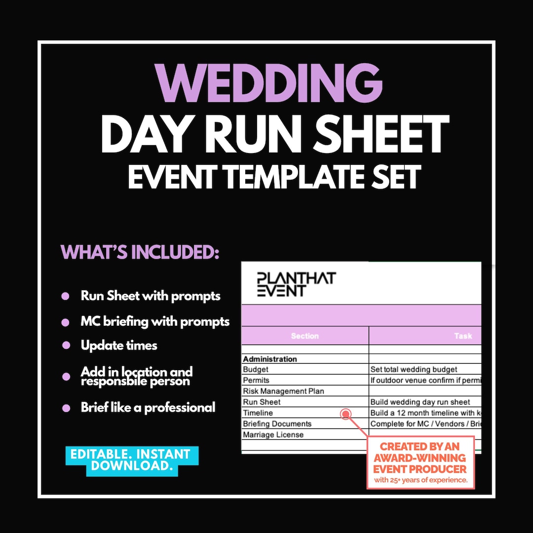 Wedding Day & MC Run Sheet Template: Professional Event Timeline ...