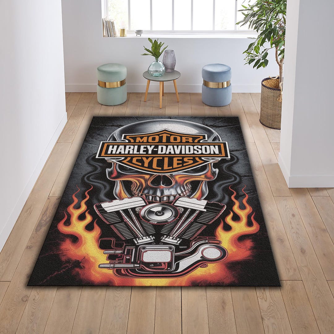 Harley Davidson Rug, Motorcycle Rug, Motorcyclist Decor Rug, Vintage ...