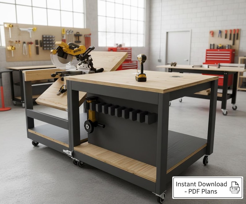 DIY Mobile Garage Modular Workbench Plans, Workstation With Miter Saw ...