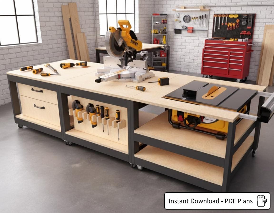 DIY Mobile Garage Modular Workbench Plans, Workstation With Miter Saw ...