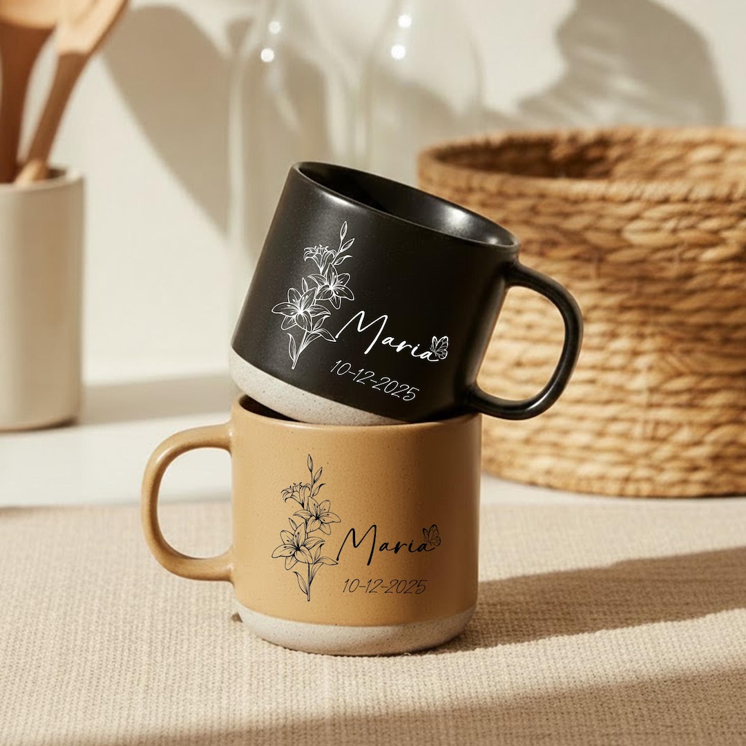 Personalized Floral Name Date Mug Set, Custom Couple Coffee Cups ...