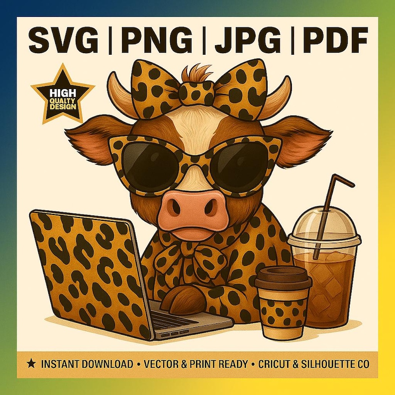 Boss Cow Coffee Clipart, Leopard Cow PNG, Girl Boss Cow SVG, Cow With ...