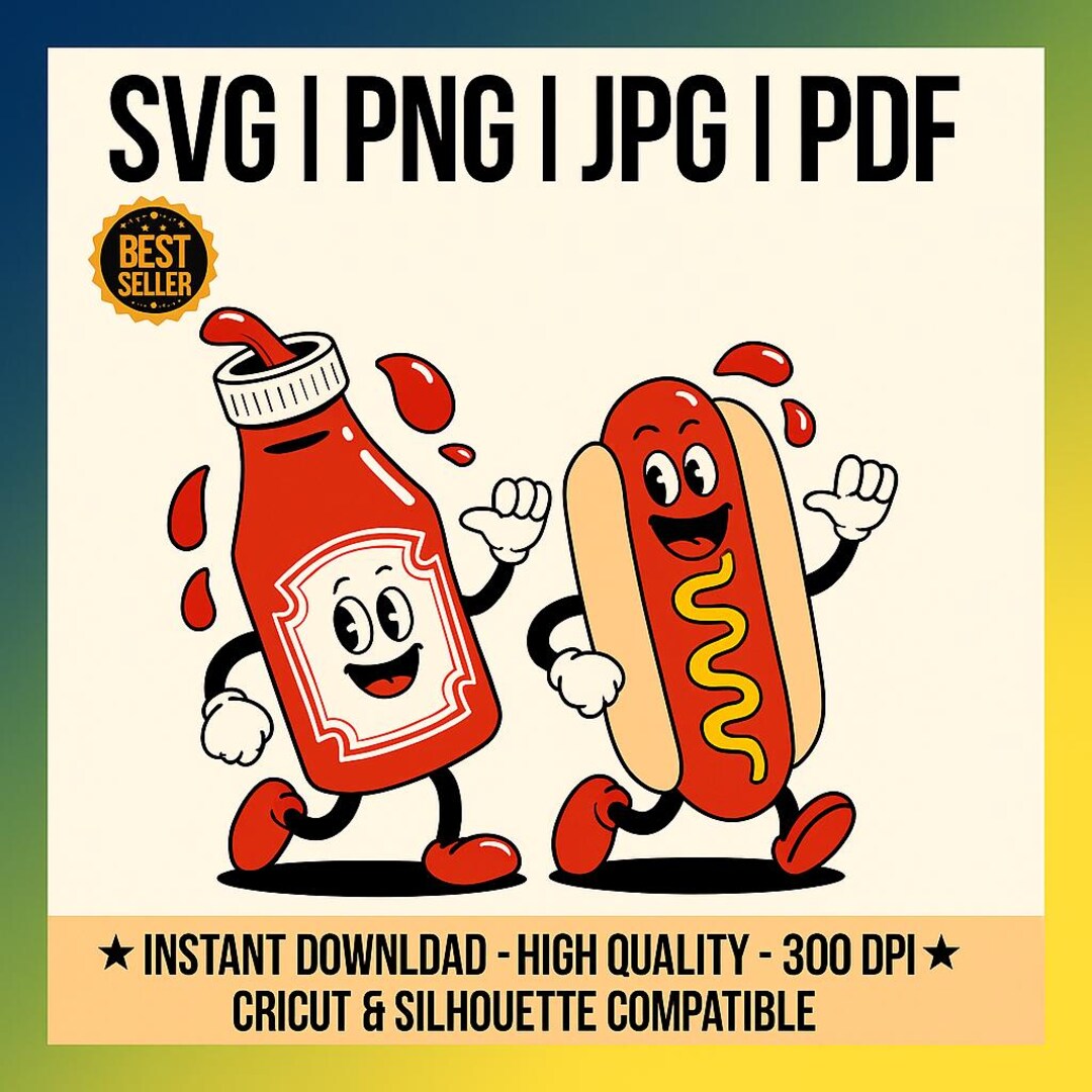 Funny Ketchup and Hot Dog SVG | Retro Food Clipart (digital Download ...