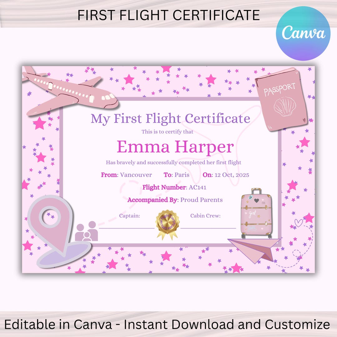 My First Flight Certificate, Travel Milestone Certificate, First Flight ...