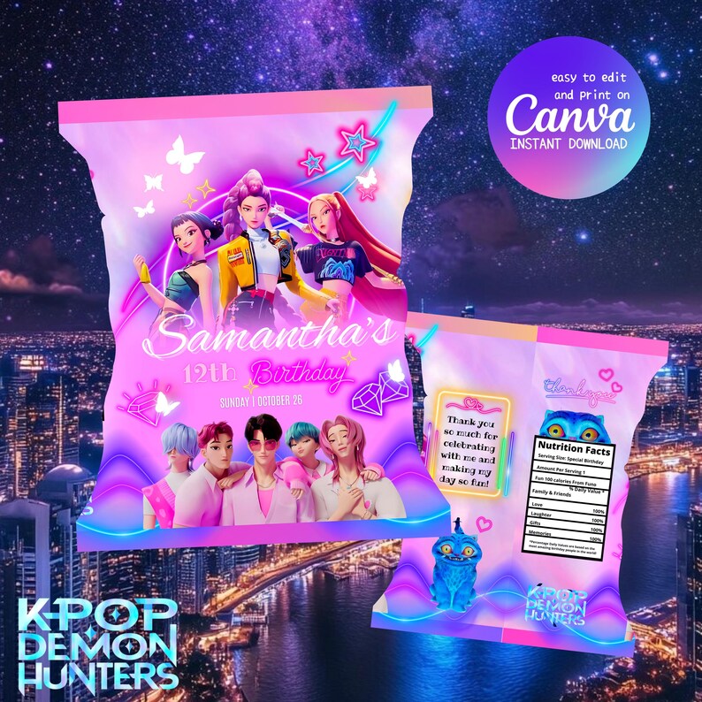Editable K-pop Demon Hunters Chip Bag Template | Printable Snack ...