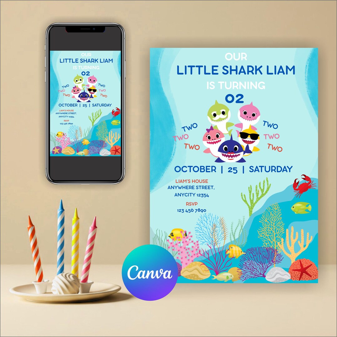 Editable Baby Shark Birthday Invitation Template | Canva Link | Instant ...