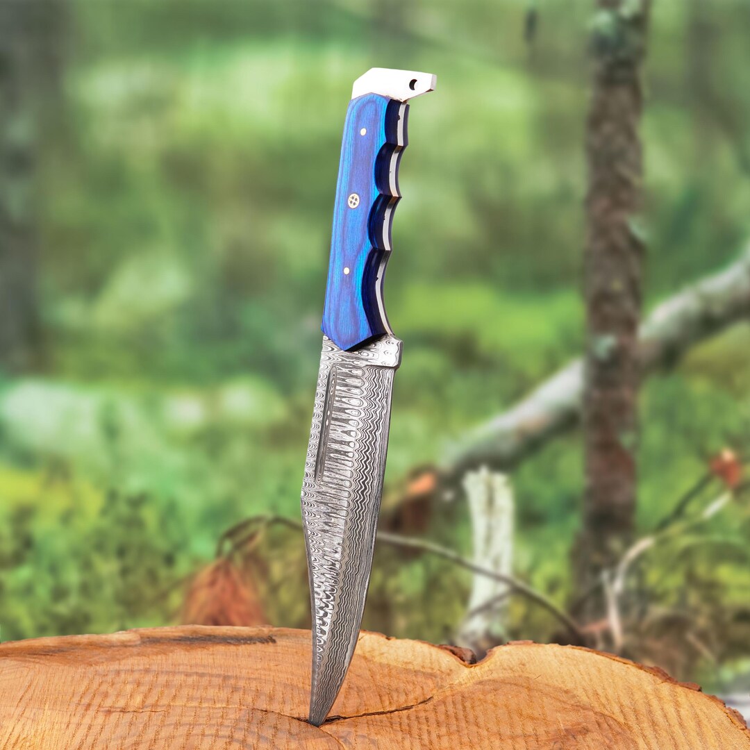 Artisan Damascus Bowie Knife With Leather Sheath | Custom Hand-forged Hunting Blade for Camping ...