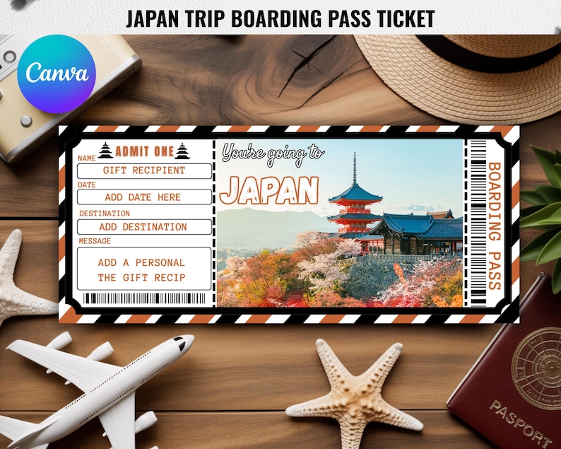 Japan Trip Boarding Pass Template, Editable Canva Boarding Pass Ticket ...