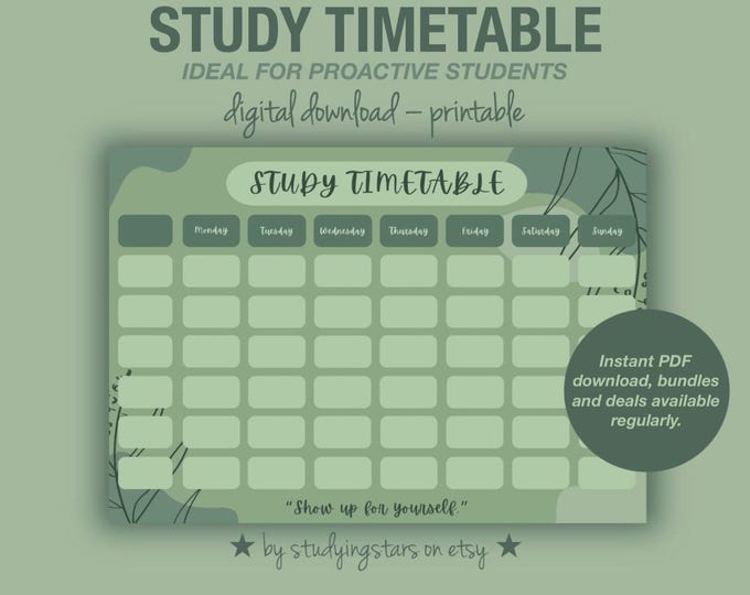 Aesthetic Green Study Timetable | Printable Weekly Student Planner - Etsy