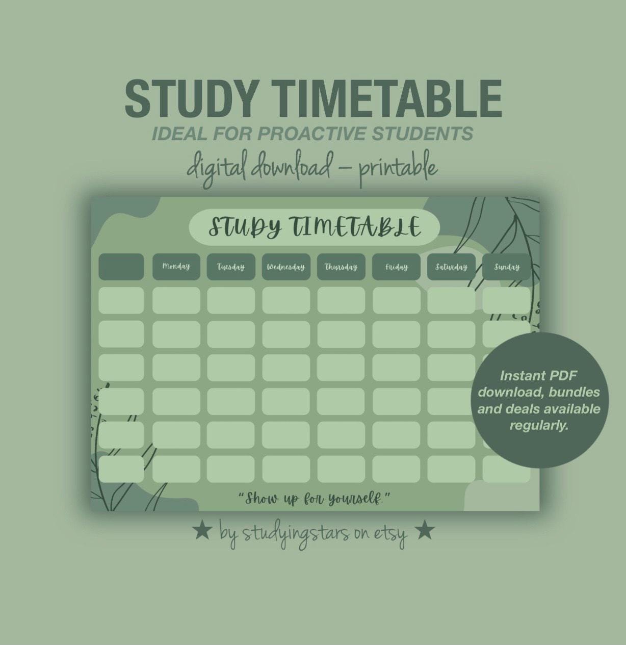 Aesthetic Green Study Timetable | Printable Weekly Student Planner - Etsy