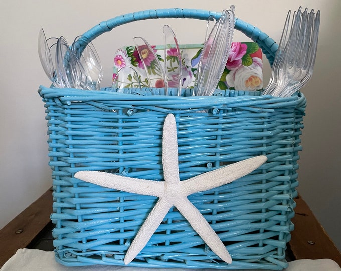 Beach Basket-beach Caddy With Starfish-blue Beach Basket-beach Picnic ...