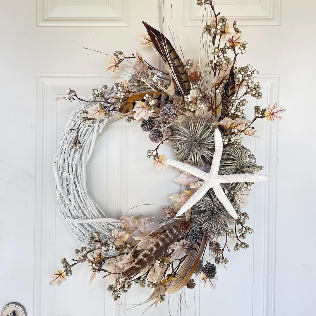 Coastal Fall Wreath: Starfish, Pheasant Feathers, Rustic Pumpkin - Etsy