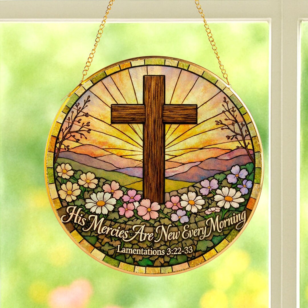 Bible Verse Suncatcher Gold Frame Cross Window Hanging Lamentations 3: ...