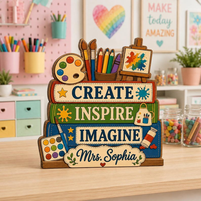 Personalized Art Teacher Wooden Block: Custom 2D Printed Desk Nameplate ...