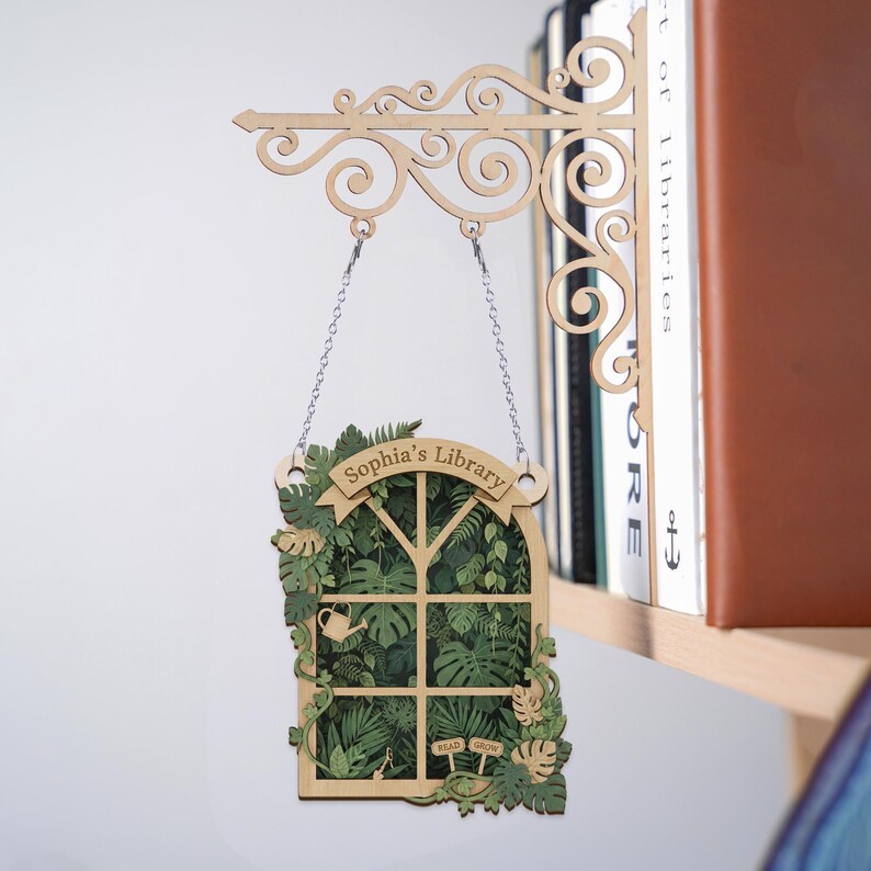 Bookshelf Sign With Plants Hanging Reading Room Decor Botanical Book ...