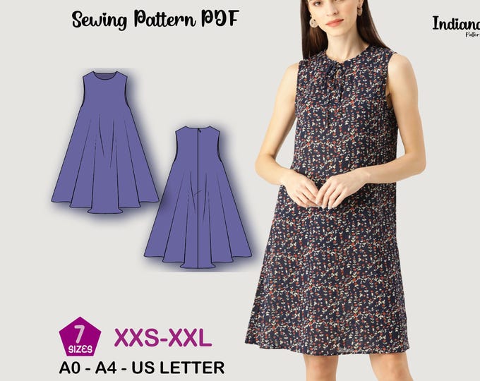 Button-front Trapeze Dress Sewing Pattern (PDF) | Sleeveless Mini ...