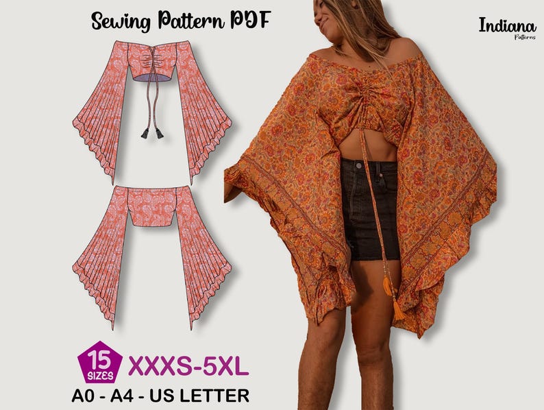 Boho Blouse Sewing Pattern, 70s Bell Sleeve Top, off Shoulder PDF Top, Festival Sewing Pattern ...
