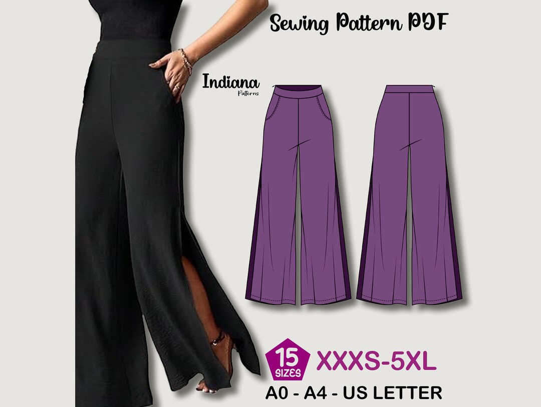 Wide-leg Pants Sewing Pattern for Women | PDF Side Slit Pants Pattern ...