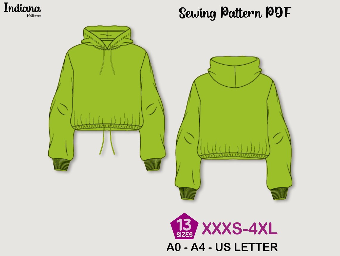 Women’s Cropped Hoodie Sewing Pattern PDF | Drawstring Crop Sweatshirt ...