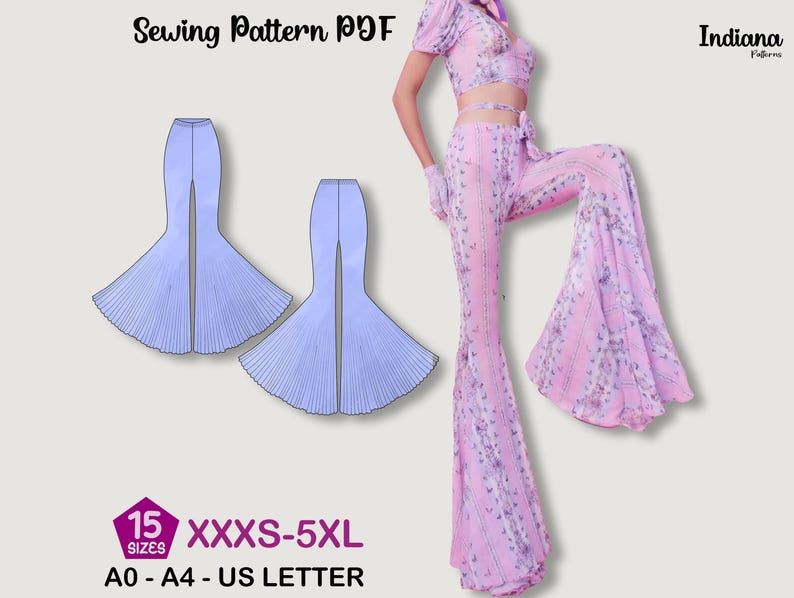 Boho Flare Pants Sewing Pattern PDF XXXS–5XL, Stretch Bell Bottoms ...