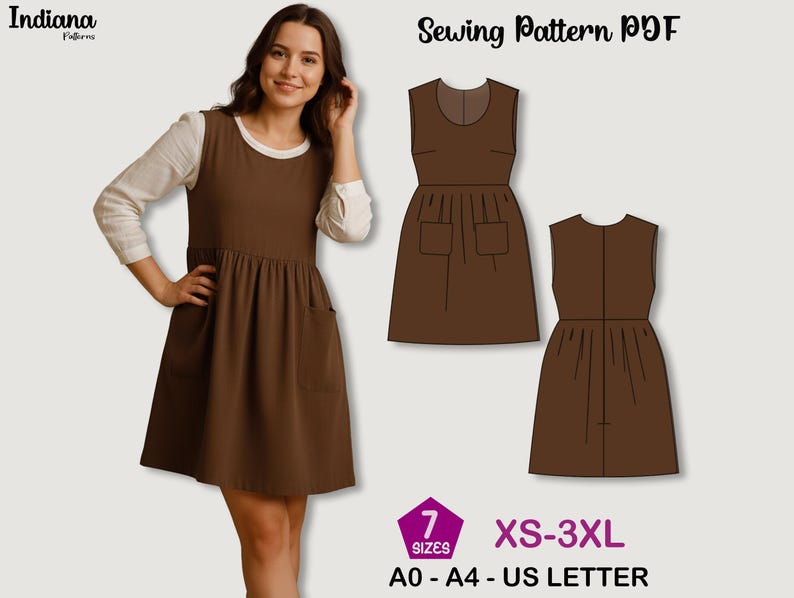 Apron Dress Sewing Pattern, Sleeveless Gathered Waist Dress With ...