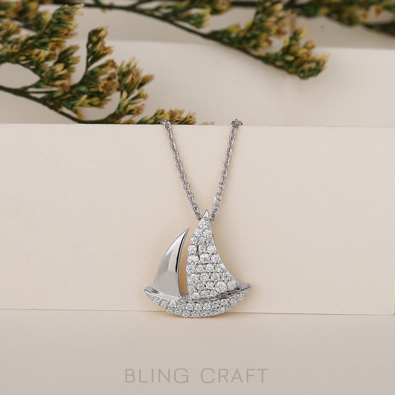 Sterling Silver Sailboat Necklace, Moissanite Pendant Necklace, Boat ...
