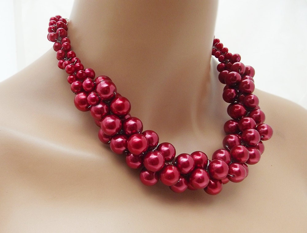 Red Pearl Necklace Bridal Pearl Necklace Chunky Wedding | Etsy