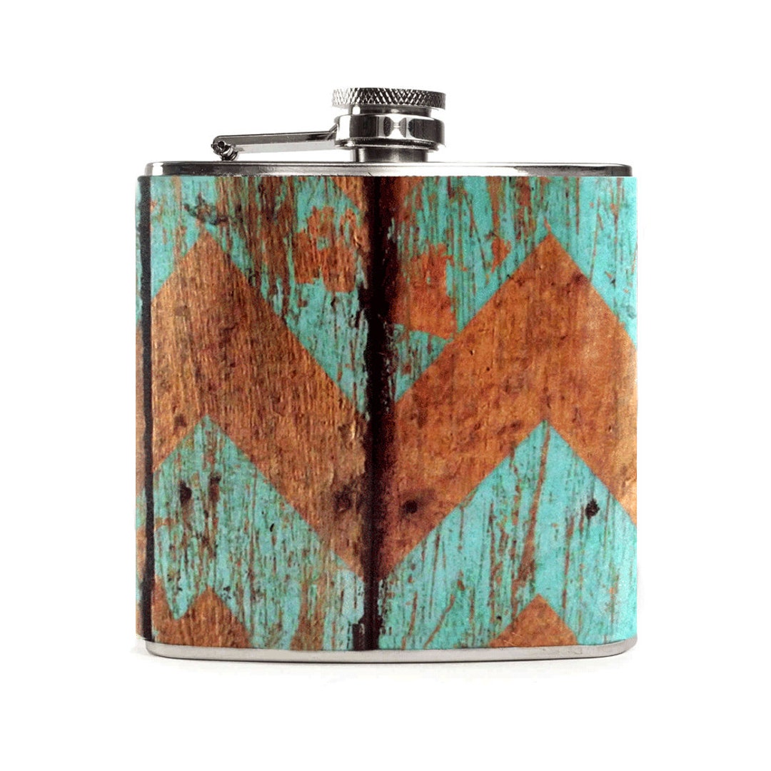 Blue Wood Print Flask, Wooden Chevron Pattern, Rustic Country Outdoor ...