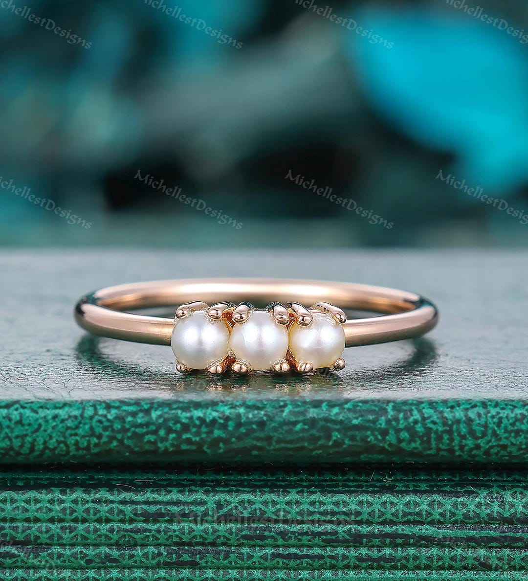 Delicate Rose Gold Pearl Ring Trio Pearl Stackable Band, Minimalist ...