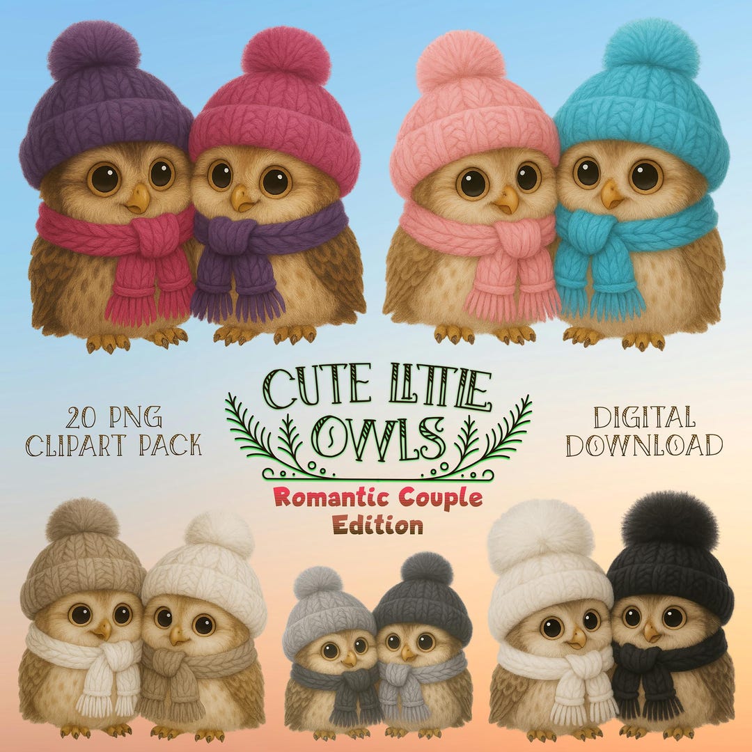 Romantic Baby Owls Couple PNG Clipart Pack, 20 Cute Little Owl Couples ...