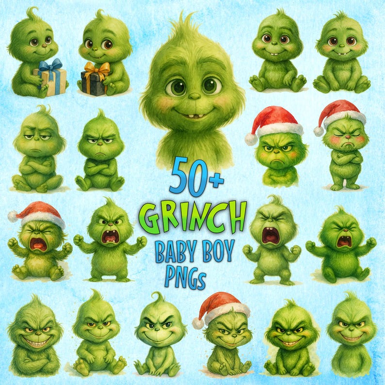 Grinch Babys PNG Clipart Bundle, Süße Weihnachten Baby Grinch PNG Pack ...