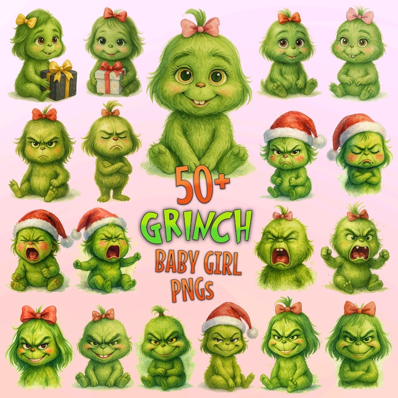 Grinch Baby Girl PNG Clipart Pack, Cute Christmas Baby Grinch PNG Pack ...