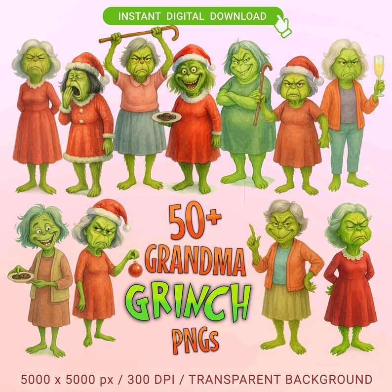 Grandma and Grandpa Grinch PNG Clipart Pack, Funny Christmas Grinchy ...