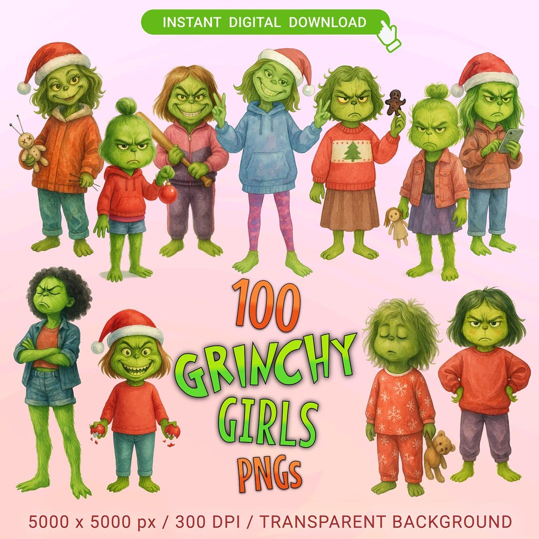 Grinchy Girls PNG Clipart Pack, Funny Christmas Grinch Girl PNG Set ...