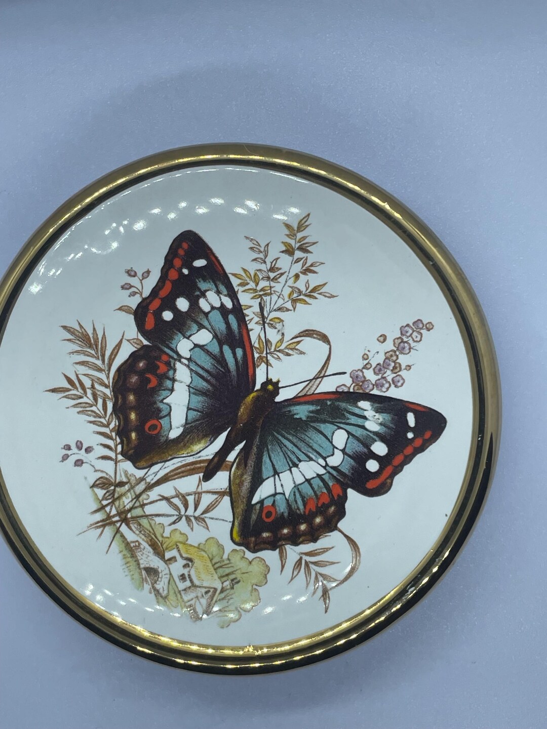 Vintage Butterfly Pattern Trinket Disc With 24 Caret Gold Rim by G S ...