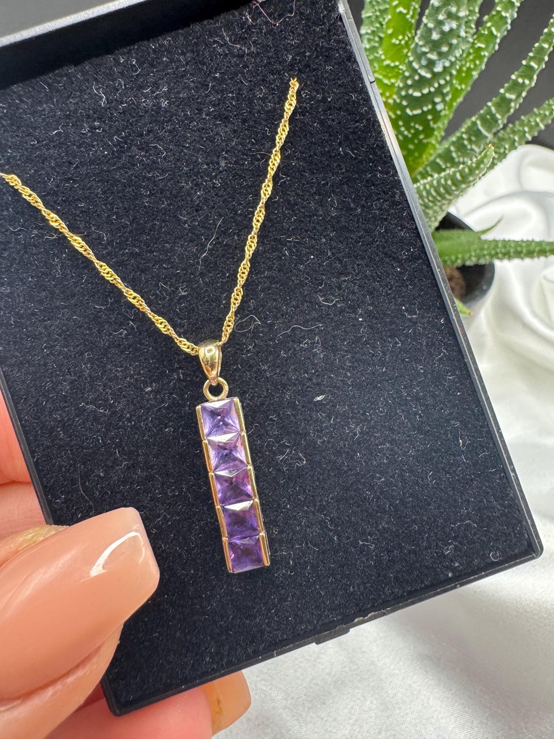 9ct Gold Amethyst Necklace – 40cm Box Chain With Hallmarked Bar Pendant ...