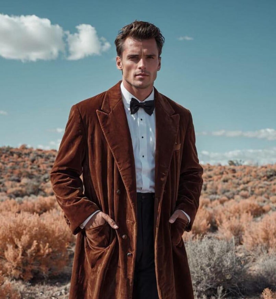 Men's Burnt Copper Velvet Overcoat: Luxury Belted Dinner Jacket - Etsy