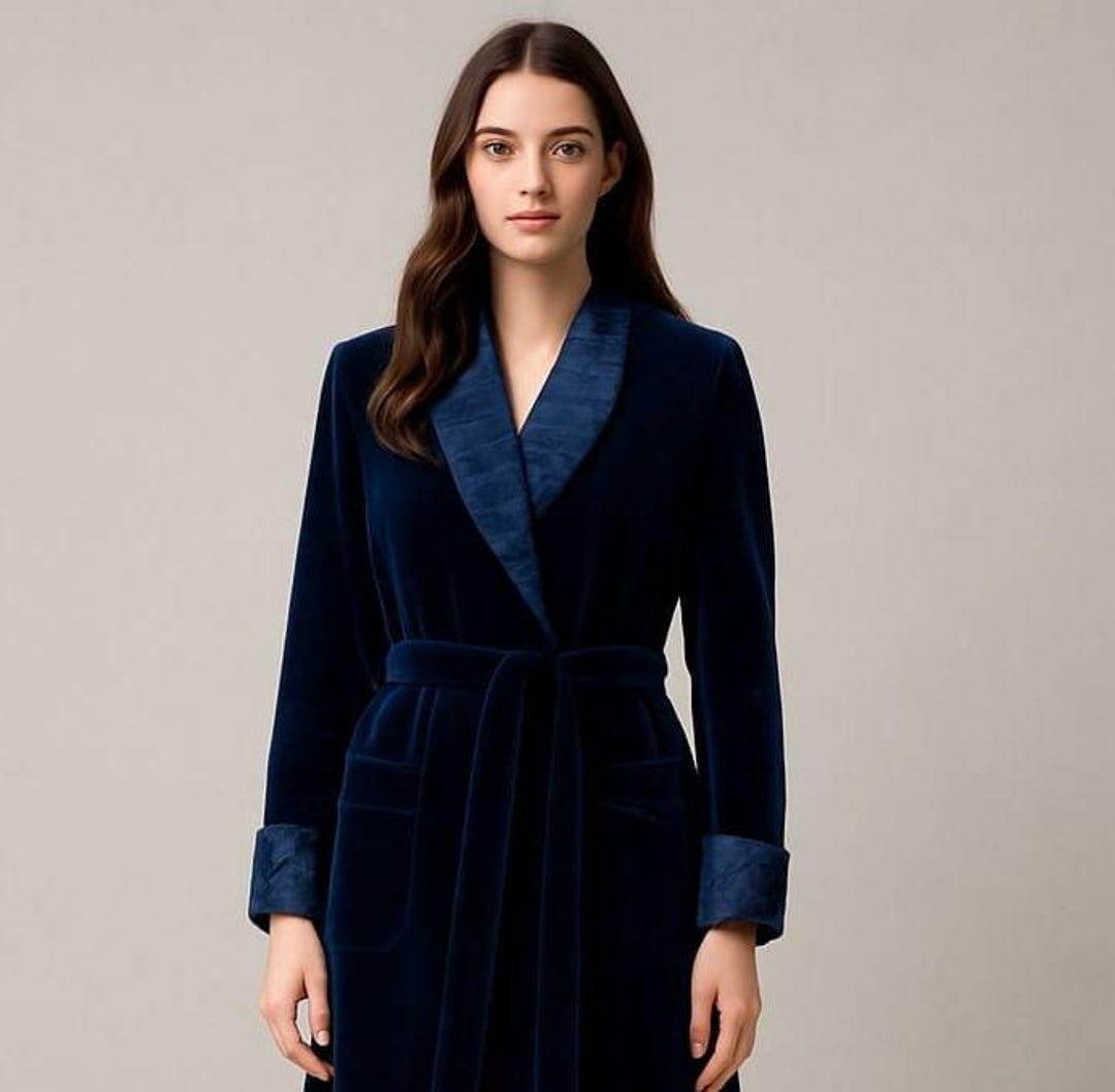 Blue Velvet Long Robe Coat: Quilted Collar, Elegant Winter Overcoat - Etsy