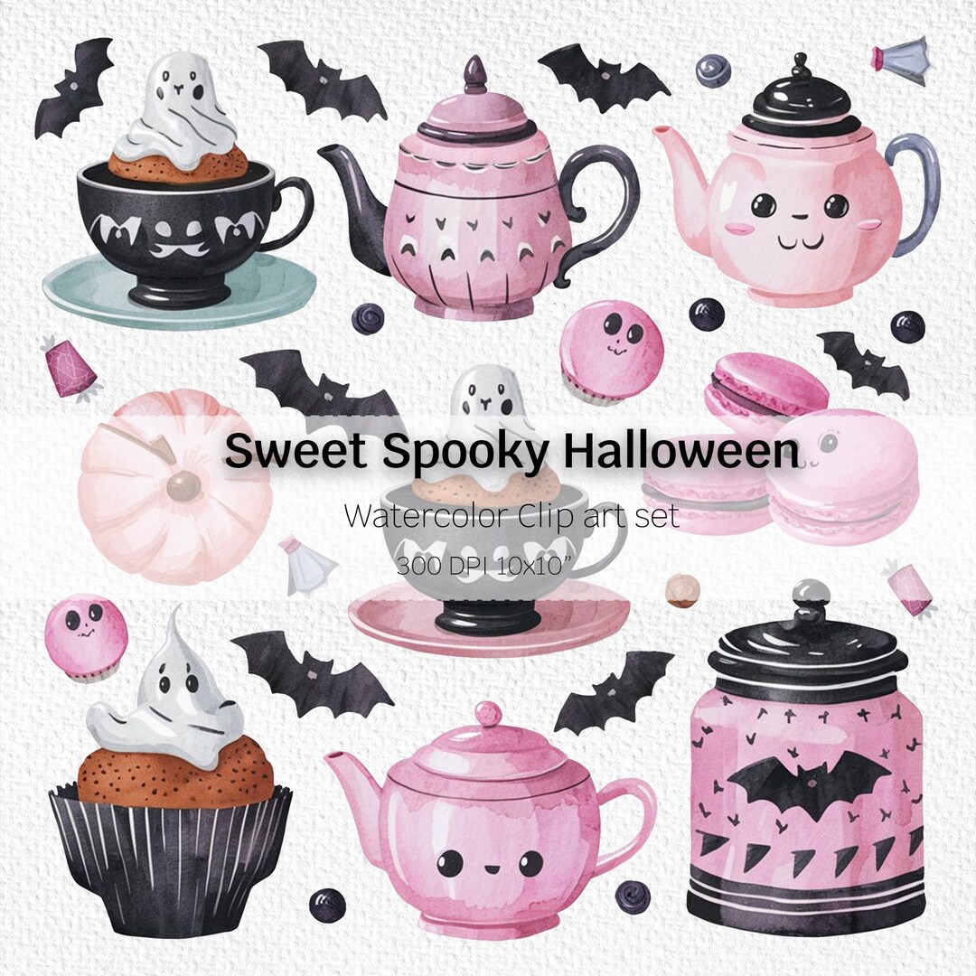 Watercolor Sweet Spooky Halloween PNG Set, Cute Ghost Teacups Cupcakes ...