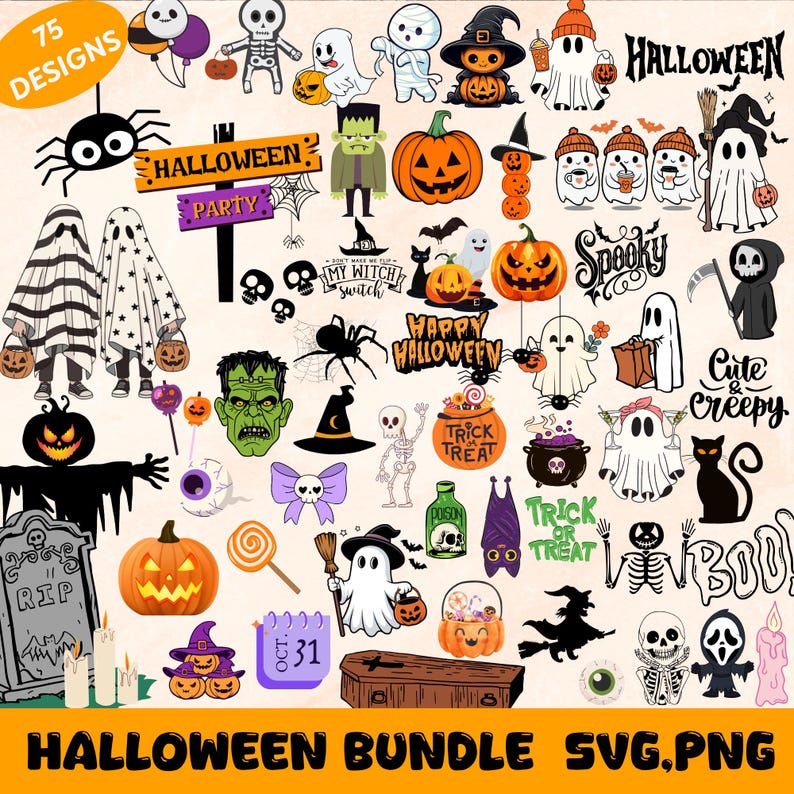 Halloween Sticker Bundle: 75 Spooky PNG & JPG Designs (3000 DPI Digital ...